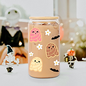 Lovearth Spooky Conchas Iced Coffee Cup, 16oz Halloween Glass Cup with Lid and Straw, Conchas Ghost Coffee Tumbler, Mexican Pan Dulce Gifts, Boo Basket Stuffers for Women, Dia de Muertos