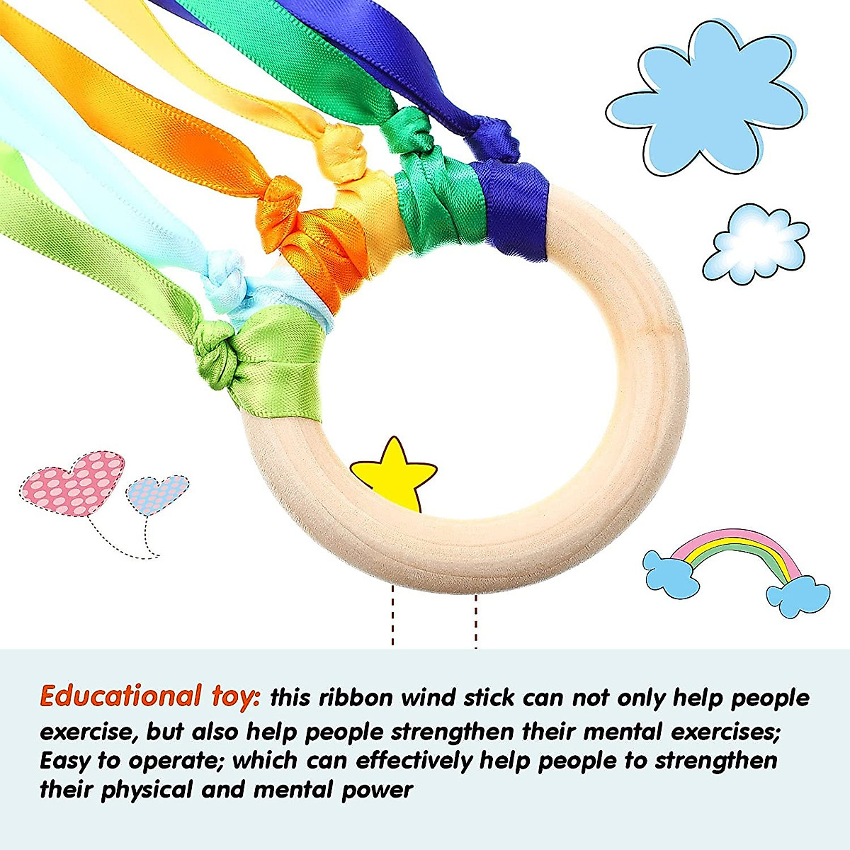 12 Pcs Rainbow Ribbon Wooden Waldorf Toys Creative Waldorf Hand Kite Set Streamers with Wood Ring Sensory Learning Educational Toy for Playroom Dancing Birthday (Bright)