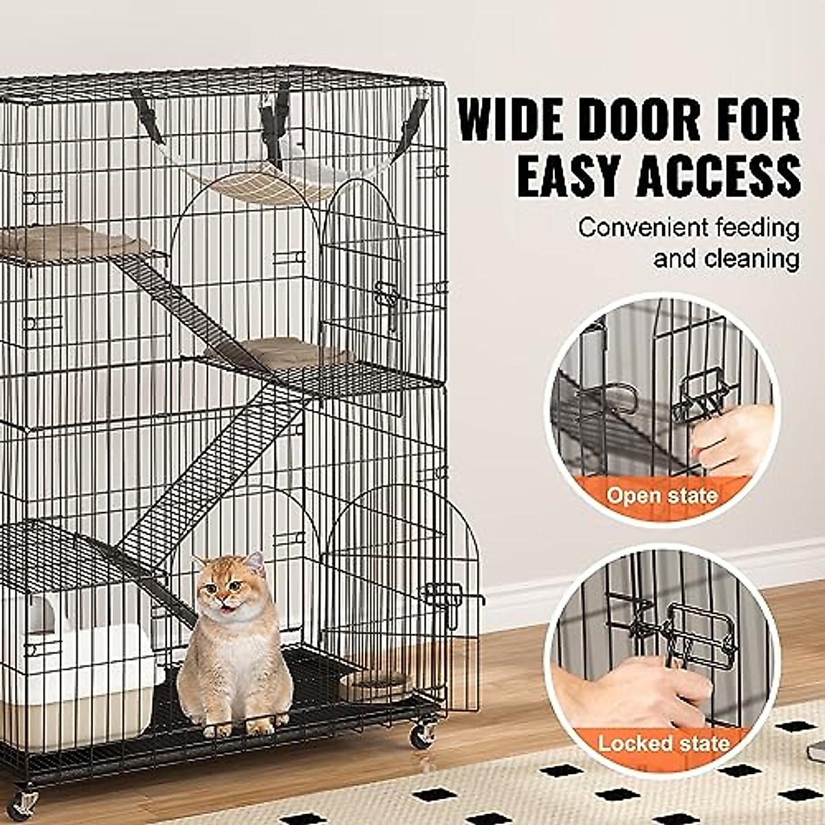 VEVOR Cat Cage Indoor Catio Cat Enclosure, Large Cat House on Rotating Wheels, 4-Tier Pet Playpen, Cat Crate Cat Kennel, 35.4" L x 23.6" W x 51" H