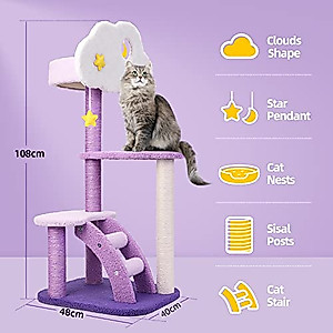 Mora Pets Cat Tree Cute for Indoor Cats Purple Cat Tower 46.5 inch Tall Unique Cat Tree with Sisal Scratching Posts Multi-Level Cloud Moon Cat Tower for Small Large Cats Kitty Kittens