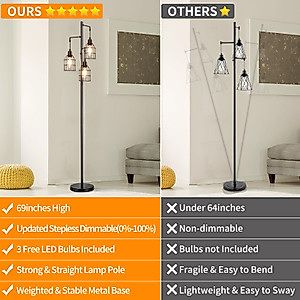 Sucolite 69in Dimmable Floor Lamp for Living Room, Industrial 3-Light Tree Floor Lamp Black with Cages, Farmhouse Rustic Tall Standing Lamp Floor Lighting for Bedroom Office, 3 Free LED Edison Bulbs