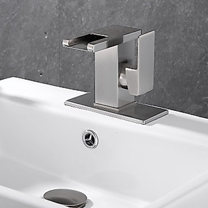 LOOPAN Led Waterfall Bathroom Faucet One Hole Single Handle,3 Colors Changing Waterfall Spout Brushed Nickel Faucet for Bathroom Sink Mount Vanity Faucet Lead-Free for Commercial Residentia