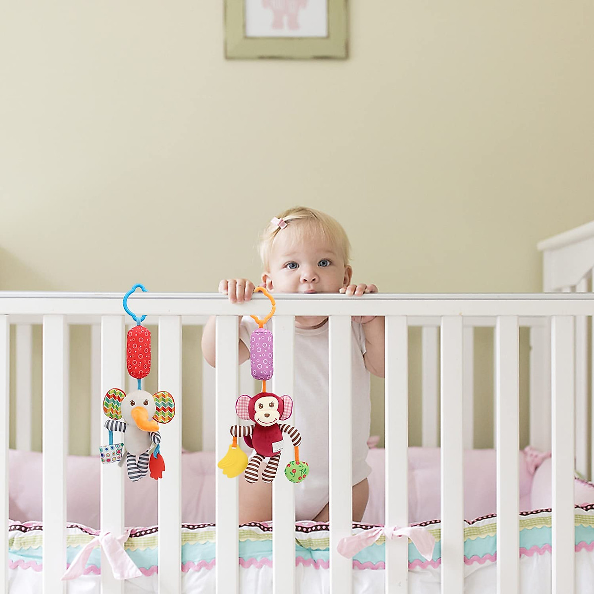 SHLOYIRE Baby Stroller Rattle Toy, Soft Baby Rattle Toys, Hanging Rattle Clip On Car Seat and Baby Stroller for Infants, Sensory Plush Animal Toys for Newborn Baby Girls and Boys (12 Pcs A)