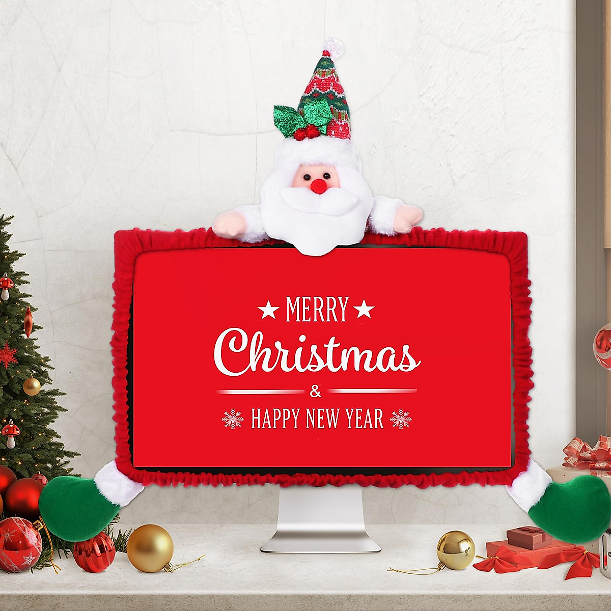 LONG7INES Christmas Computer Monitor Cover, Elastic Xmas Decorations Reindeer Computer Monitor Border Cover, Elastic Laptop Computer Cover for Xmas Home Office Decor and New Year Gift Ideas (Santa)