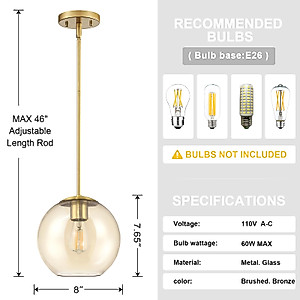 1 Light 8" Glass Kitchen Island Mini Semi Flush Mount Ceiling Light,Chandelier Ancient Amber Glass Shade Chrome Finish for Living Room Dining Room Bedroom Over Sink