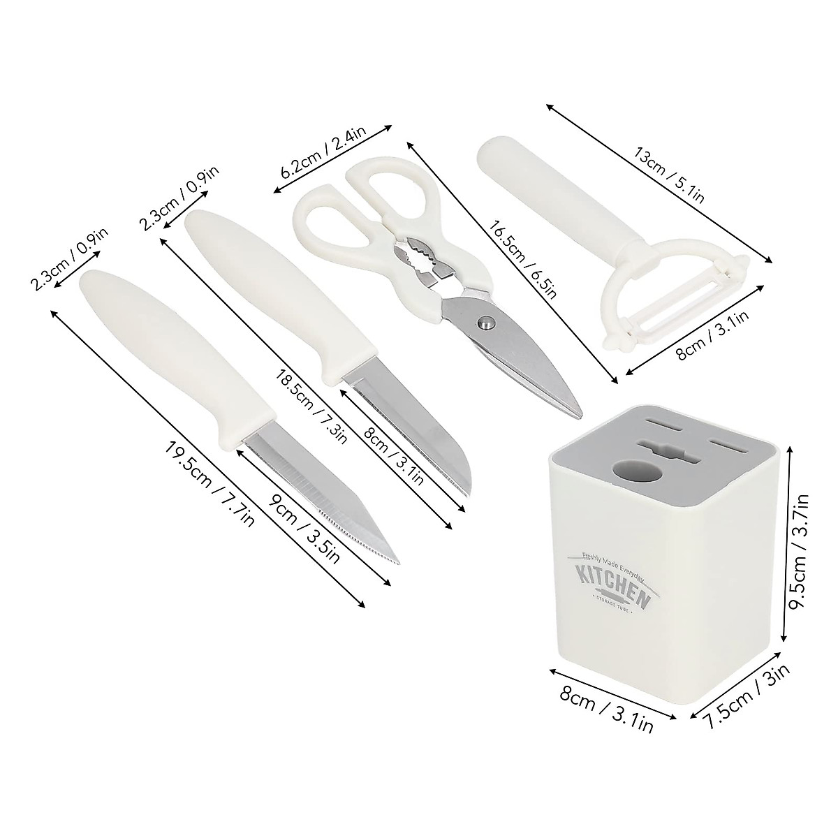 Kitchen Knife Set, 5PCS Knife Sets for Kitchen with Block, 2 Knives, Scissors, Peeler and Stand, Beige