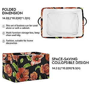 Red Poppy Square Storage Basket Flowers Black Storage Bins Canvas Toys Box Closet Shelf Decorative Organizer Bag with Handles for Bedroom Home Office, 1 Pc