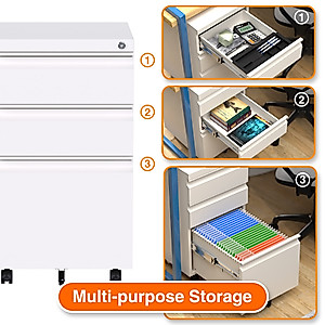 NICOMOW 3-Drawer Locking Metal File Cabinet for Home Office,Easy to Move,Durable and Stable,Under-Desk Filing Cabinet with Legal/Letter Size Drawer,Fully Assembled,White