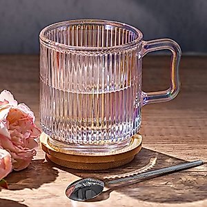 LETINE Iridescent Glass Coffee Mug with Lids (12.5 oz) - Insulated Coffee Mugs Tea Cup with an Espresso Spoon. Perfect for Latte, Cappuccino, Tea. Gift for Women & Men in Birthdays, Holidays