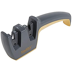 Smith's 50090 Pull-Thru Knife Sharpener - Grey - Coarse & Fine Sharpeners - Non-Slip Rubber Base – Straight & Serrated Blades – Pocket, Hunting, Sport Knives