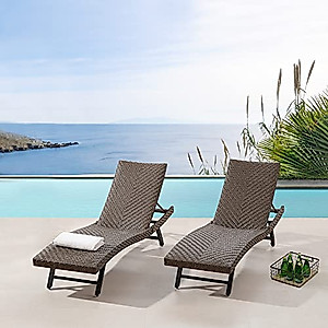 Ulax Furniture Outdoor Wicker Chaise Lounge Adjustable Padded Patio Reclining Chaise Lounger Chairs with Non-Rust Aluminum Frame and Wheels, Set of 2