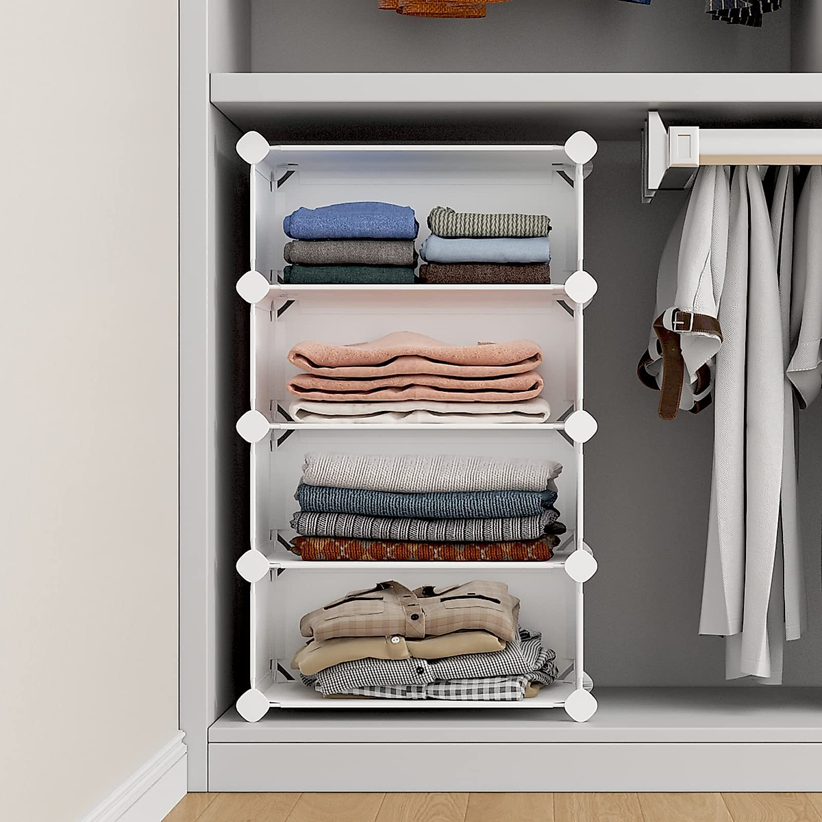 VIPZONE 4 Tier Closet Shelf, 12 inches Deep Stackable Closet Storage Shelves for Clothes,Easy Assembly Organizer Plastic Shelf Rack for Bedroom,White