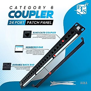 ETS 24 Port CAT6 Pass Through Coupler Patch Panel with Back Bar, Compatible with Cat5, Cat5e, Cat6, Cat6A, Loaded with Unshielded keystones