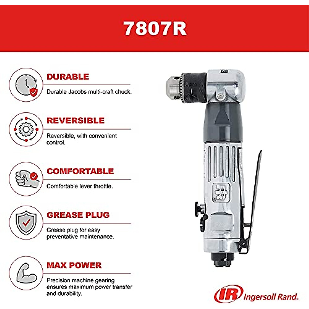 Ingersoll Rand 7807R 3/8” Reversible Air Angle Drill, Standard Duty, 1800 RPM, Quiet, Durable Jacobs Multi-Craft Chuck, Grease Plug