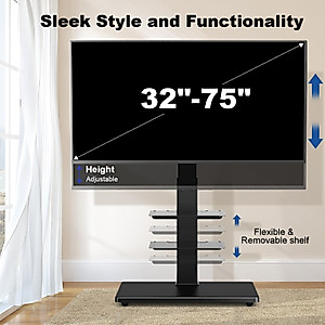 YOMT Floor TV Stand with Sturdy Wood Base, Tall Universal TV Stand with Mount for Most 32-75 inch TVs up to 110 lbs, Height Adjustable TV Stand with Swivel, TV Mount Stand with Media Shelves, Black