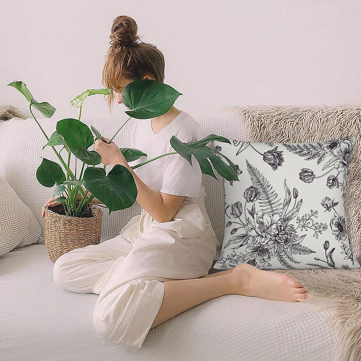 ChangQingArt Floral Pattern Bouquets of Spring Flowers Black and White Cotton Linen Square Throw Waist Pillow Case Decorative Cushion Cover Pillowcase Sofa 20"x 20"