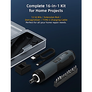 Electric Screwdriver, 3.7V Cordless Screwdriver, Max 8N.m Torque, 12 S2 Steel Bits, 2000mAh Battery, USB-C Charging, 1/4" Hex, 3 Adjustable Torque Settings, Idea Tool for Furniture/Desktop Computer