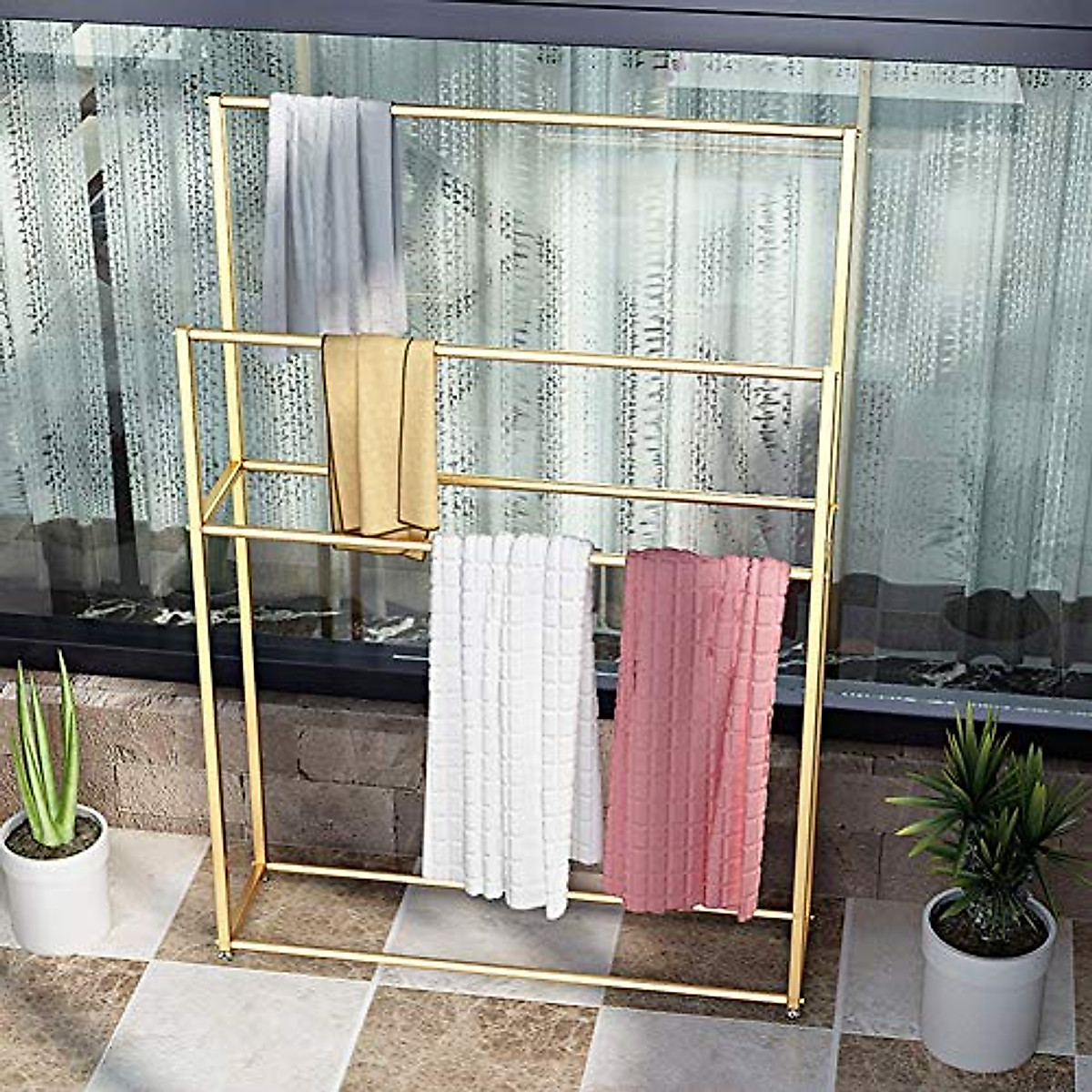 HBBY Tall Towel Rack for Skinny Spaces, Freestanding Bathroom Towel Holder Stand 2 Tier, Rust-Resistant Bath Drying Rack for Outdoor Pool,Hotel, Beach, Blanket gold-75x20x110cm