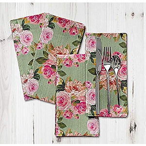 S4Sassy Green Stripe & Ranunculus Floral Holiday Parties Cloth Table Linen Re-Usable Dinner Napkins Set 18 x 18(Pack of 6)