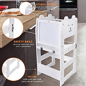 4-in-1 [Fun Ninja] Toddler Kitchen Step Stool for Children and Toddlers, Whiteboard & Art Desk, Safety Rail Tower for Kids, Parent Assistant Stepping Stool (White, Bundle)