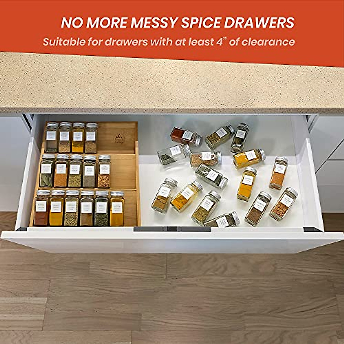 Pinnacle Cookery Spice Drawer Organizer for Kitchen - Bamboo Spice Rack Organizer for Drawer - 15x13 Space Saving Seasoning Organization Storage Tray