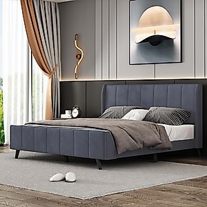 Prohon Upholstered Platform Bed with Tufted Headboard and Soft Wingback, Queen Size Bed Frame No Box Spring Needed, Velvet Bedframe w/Wood Slat Mattress Foundation, Gray