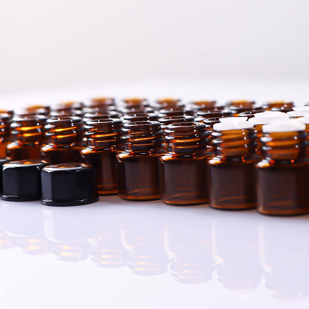 HWASHIN 50 Pack 1ml (1/4 Dram) Amber Mini Glass Essential Oils Sample Bottles with Black Caps for Essential Oils, Perfumes & Lab Chemicals (30ml Measuring Cup and 3 Droppers Included)