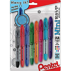 RSVP Mini Ballpoint Pen, (1.0mm) Medium Line, Assorted Ink (A/B/C/D/F/P/S/V) w/Key Ring, 8-Pk (BK91MNBP8M)