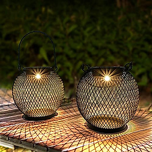 Solar Lantern - Hanging Solar Lights Outdoor Waterproof, Mesh Metal Lantern Decorative Solar Powered Patio Decor for Garden Yard Backyard Porch Table Pathway Tree Lighting, Warm White, 2 Pack