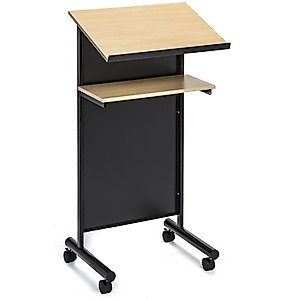 Audio-Visual Direct Wheeled Lectern - Standing Desk with Storage Shelf - Beech/Black - Ideal for Presentations and Laptop Use