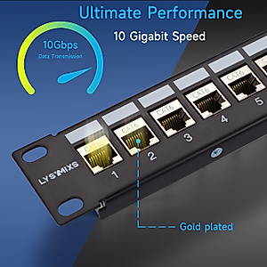 Lysymixs 24 Port RJ45 Patch Panel Cat6 STP Feed Through, Coupler Network Patch Panel 19 Inch, Inline Keystone Ethernet Patch Panel with Back Bar