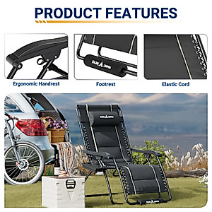 UDPATIO Zero Gravity Chair 33In Oversized XXL Patio Anti Gravity Chairs Outdoor Lounge Folding Adjustable Recliner with Cup Holder, Foot Rest & Padded Headrest,Grey Support 500lbs