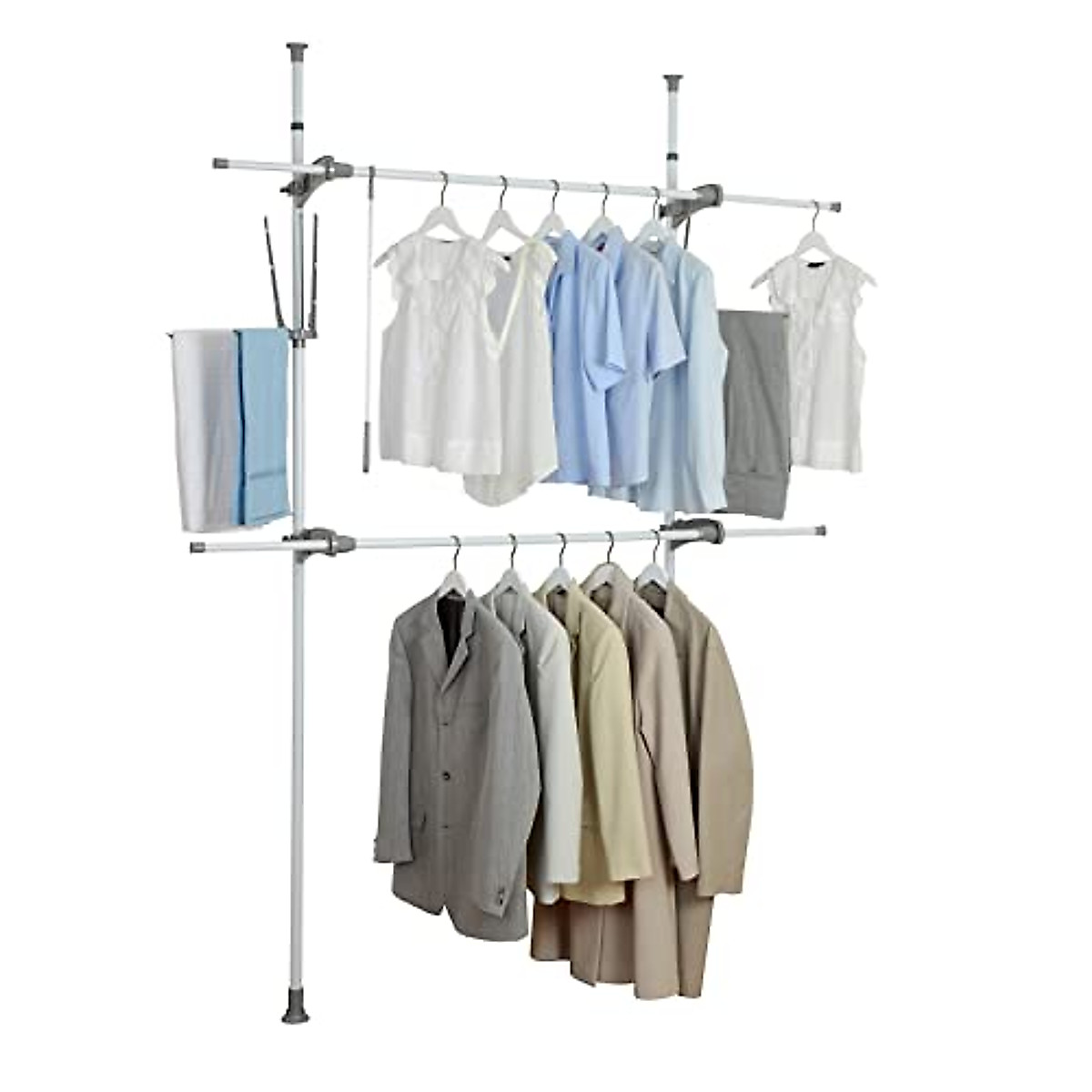 WENKO Herkules Flex Garment Rack, Rail, Adjustable, Tension Rod, Heavy Duty, for Hanging Clothes, Storage, Organizer, with Shelves, 14.2 x 74.8 x 118.1 inch, White