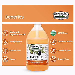 Vermont Castile Lemongrass Zen Soap, Gentle Liquid Soap for Sensitive Skin & Natural Body Wash, Organic Hair Shampoo for Oily Hair, Aloe Castile Soap for Men & Women - 64 Oz