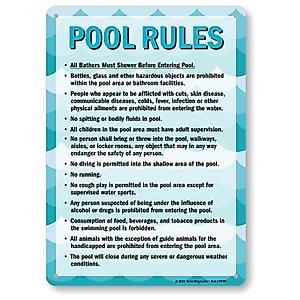 SmartSign 14 x 10 inch “Pool Rules - Shower Before Entering, Glass Prohibited, No Spitting…” Metal Sign, Screen Printed, 40 mil Laminated Rustproof Aluminum, Blue, Black and White, Made in USA