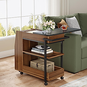 Tribesigns Rolling End Table with Rotating Tabletop for Living Room, Narrow Side Tables with 3 Tier Storage Shelves Magazine Drink Holder, Large Utility Cart for Bedroom Small Space Home, Black Brown