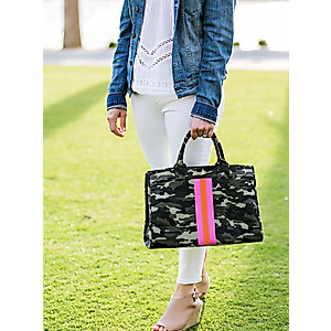 Milly Kate Camouflage Tote Handbag with Stripes, Stylish, Trendy, Preppy, Fashionable, Upscale Bag, Detachable Strap, Inside Pockets, Designer Purse Exclusive to, 10” x 15”