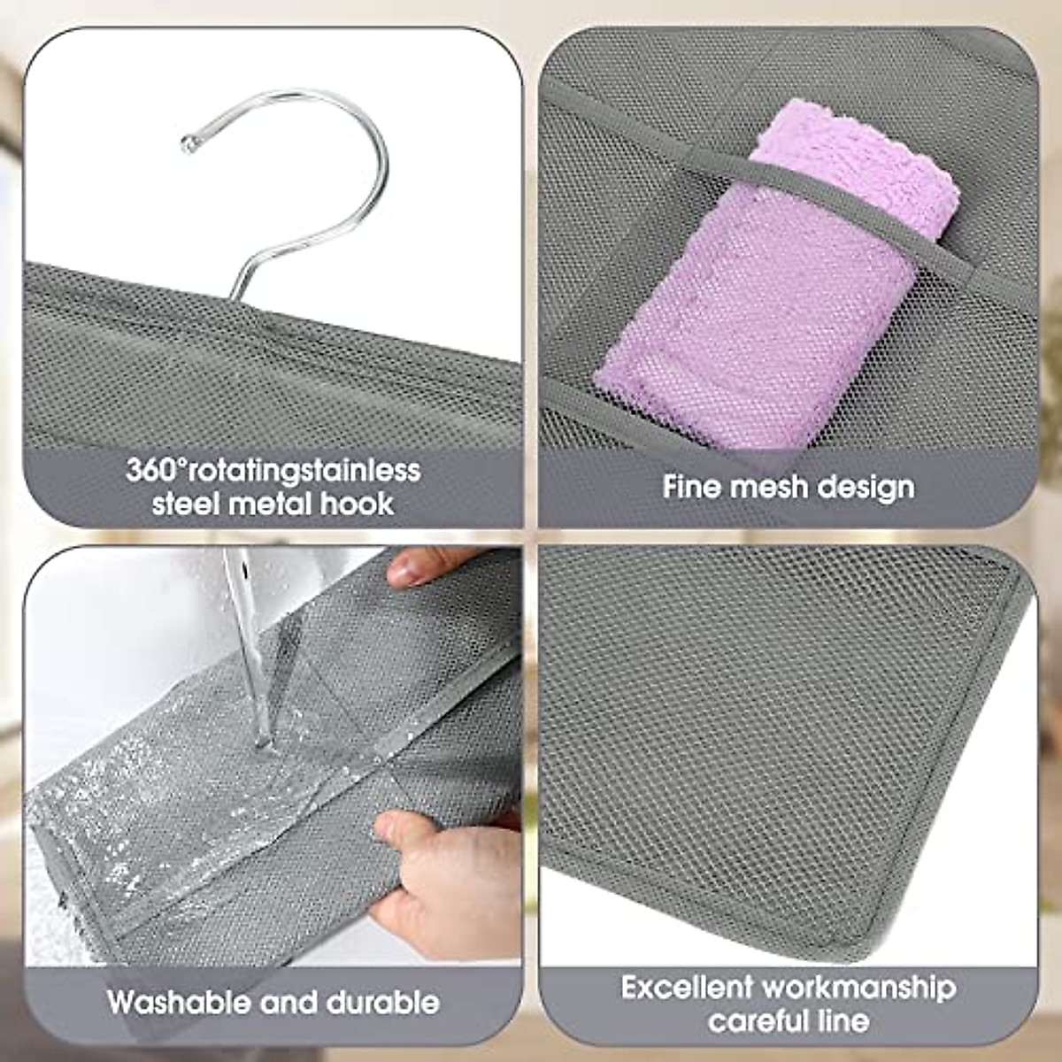 Tatuo 10 Pcs Large Hanging Socks Bra Underwear Organizer with Rotating Metal Hanger Dual Sided Closet Hanging Bra Organizer Space Saver Wall Shelf Wardrobe Mesh Pockets Hanging Storage Bag, Grey