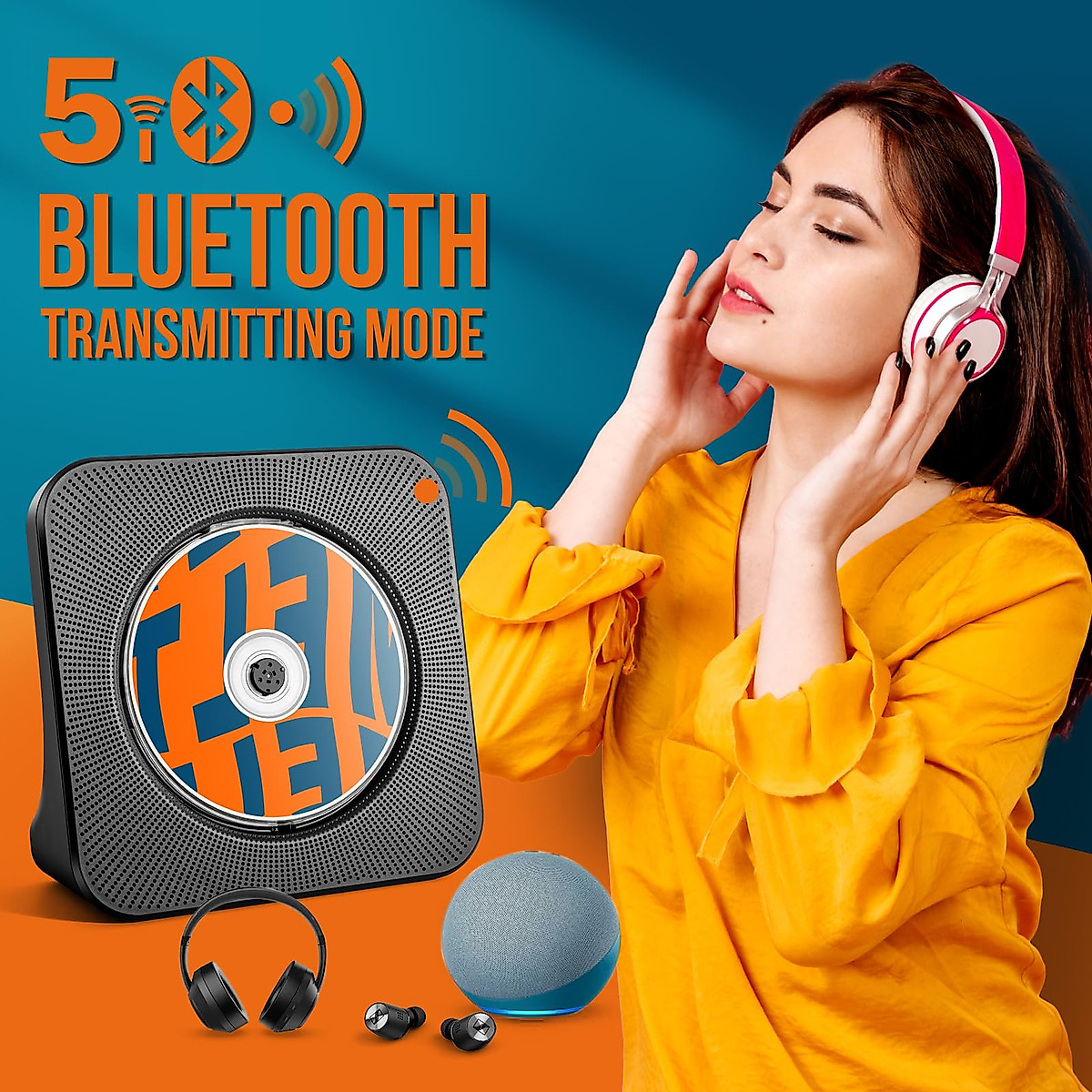 Kogoda Desktop CD Player Portable with Bluetooth,Dual Stereo Speakers, CD Music Player for Home with Remote Control,Dust Cover,FM Radio,LED Screen,3.5mm Jack AUX Input Output,Black,Gift