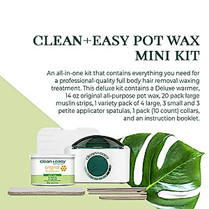 Clean + Easy Pot Wax Mini Kit With Deluxe Warmer, Original Formula Wax, Muslin Strips, Waxing Accessories, (120 V)