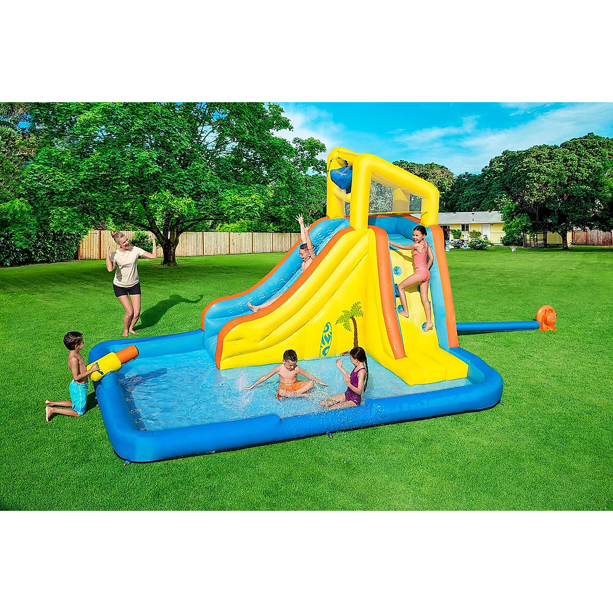 FBITE Inflatable Bouncy Castle, Jumper House Water Pool Slide Activity Center with Water Slide, Climbing Wall, Water Gun and Pool Area for Kids