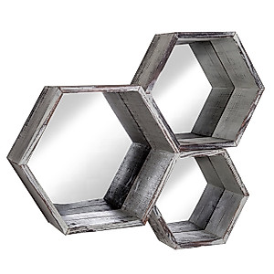 MyGift Wall Mounted Floating Shelves, Solid Torched Wood Hexagon Display Shelf Wall Decor with Mirrored Backing, 3 Piece Set