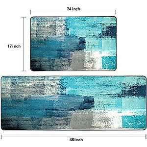 TOMWISH Rugs for Kitchen Floor, Abstract Area Rug Turquoise and Grey Abstract Art Painting 17"X48"+17"X24" Non-Slip Kitchen Rug Set for Kitchen Dining Room,Floor Home,Office,Sink,Laundry