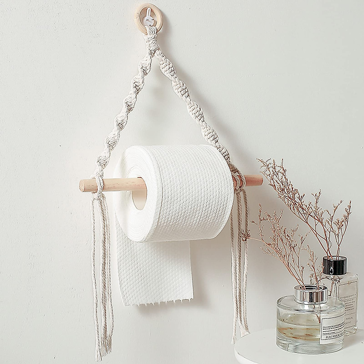 Handmade Paper Towel Holder,Boho Cotton Rope Macrame Toilet Paper Towel Rack,Paper Towel Hanging for Kitchen Bathroom