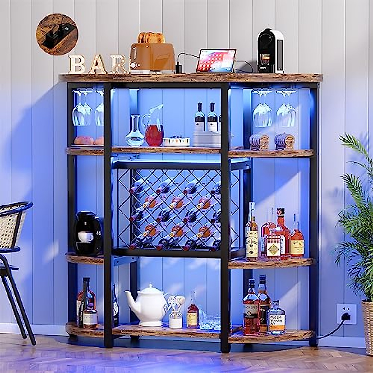 Unikito Wine Rack Freestanding Floor with Oulet and Two LED lights, 4 Tier Industrial Wine Bar Cabinet with Display Shelf, Bar Stand For Liquor, Wine Stand For Kitchen Dining Living Room, Rustic Brown