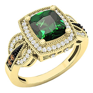 Dazzlingrock Collection 18K 8X7 MM Lab Created Emerald, Champagne & White Diamond Women Ring, Yellow Gold, Size 7