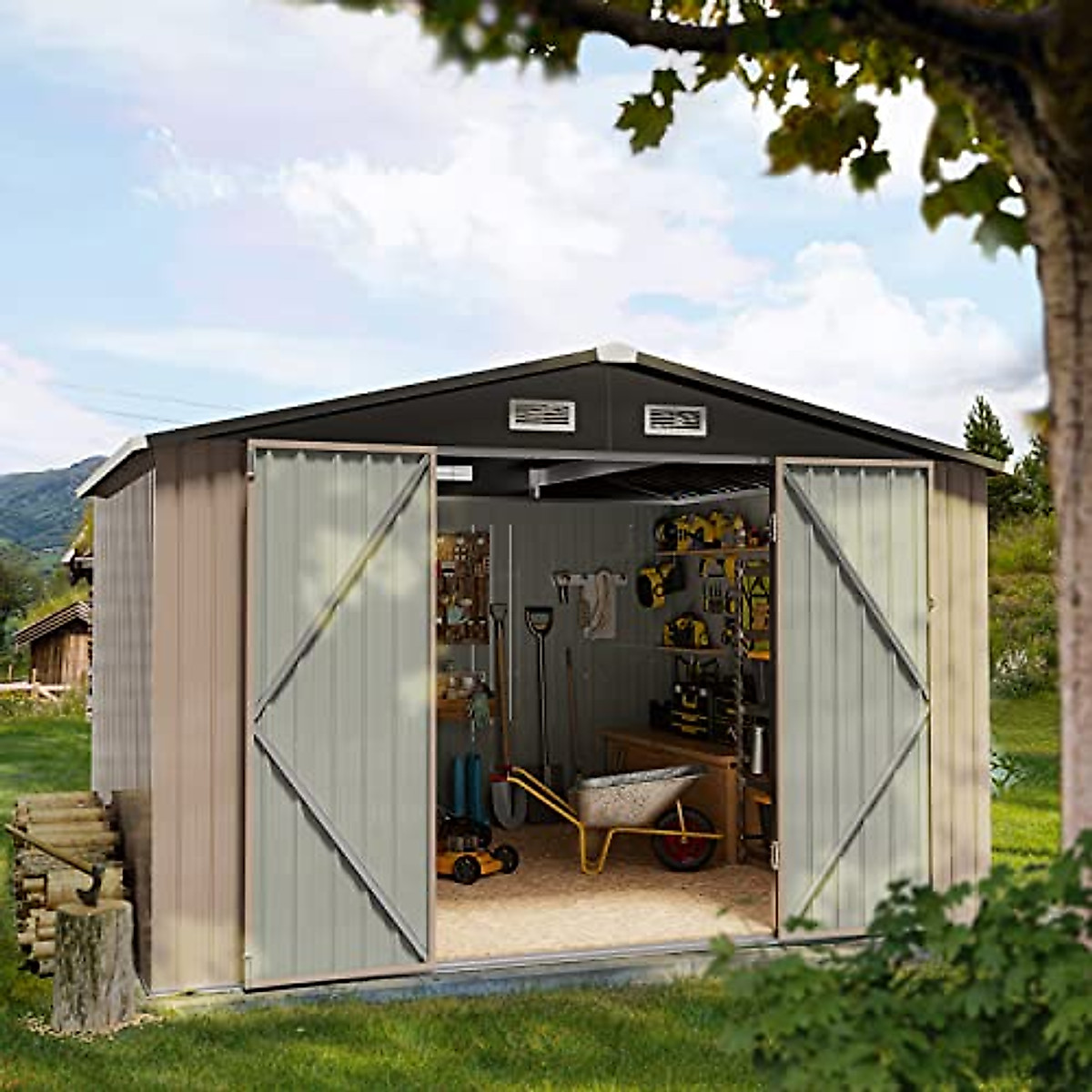 Aoxun 8' x 10' Metal Outdoor Storage Shed, Steel Utility Tool Shed Storage House with Door & Lock, Metal Sheds Outdoor Storage for Backyard Garden Patio Lawn Brown
