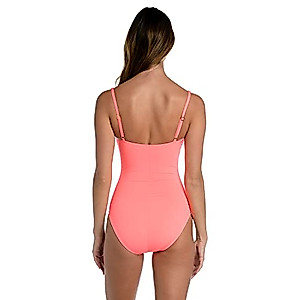 La Blanca Women's Island Goddess Over The Shoulder Rouched Front Bandeau One Piece Swimsuit, Hot Coral, 16