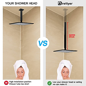 Drettyer Shower Arm with Flange 24 Inches Ceiling Mount Square Straight Extender Extension Pipe Replacement, Extra Long Shower Arm For Fixed Rain Shower Head or High Ceiling, Matte Black