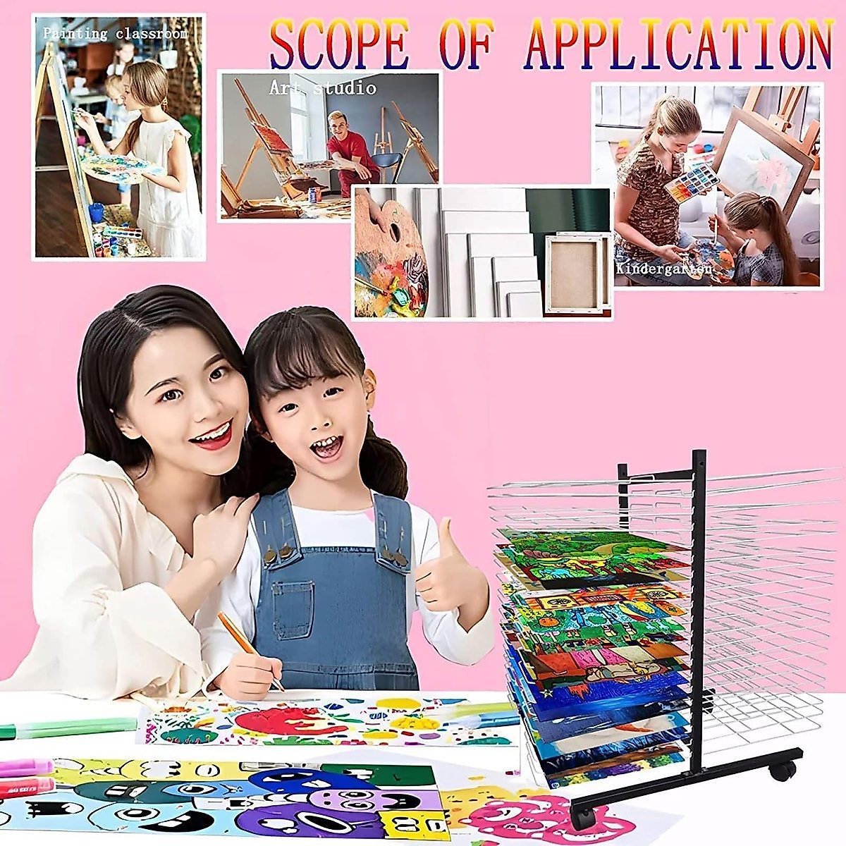 Art Drying Rack for Classroom, Mobile Paint Drying Rack Double-Sided 40 Shelves Metal Artwork Storage Display Rack Canvas Stack Rack with Wheels for Schools, Art Studios